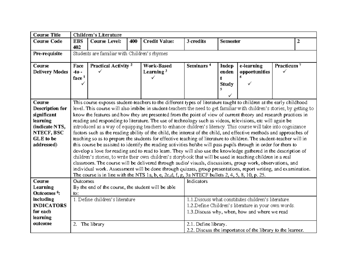 Children's Literature Course Outline EBS 400: Teaching Strategies and ...