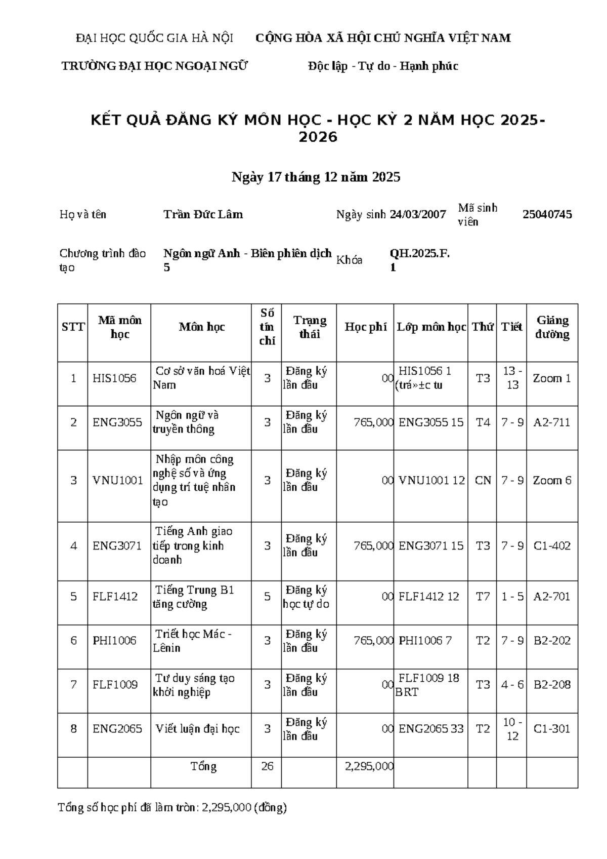 Kết Quả Đăng Ký Môn Học Học Kỳ 2 Năm Học 2025-2026 - Studocu