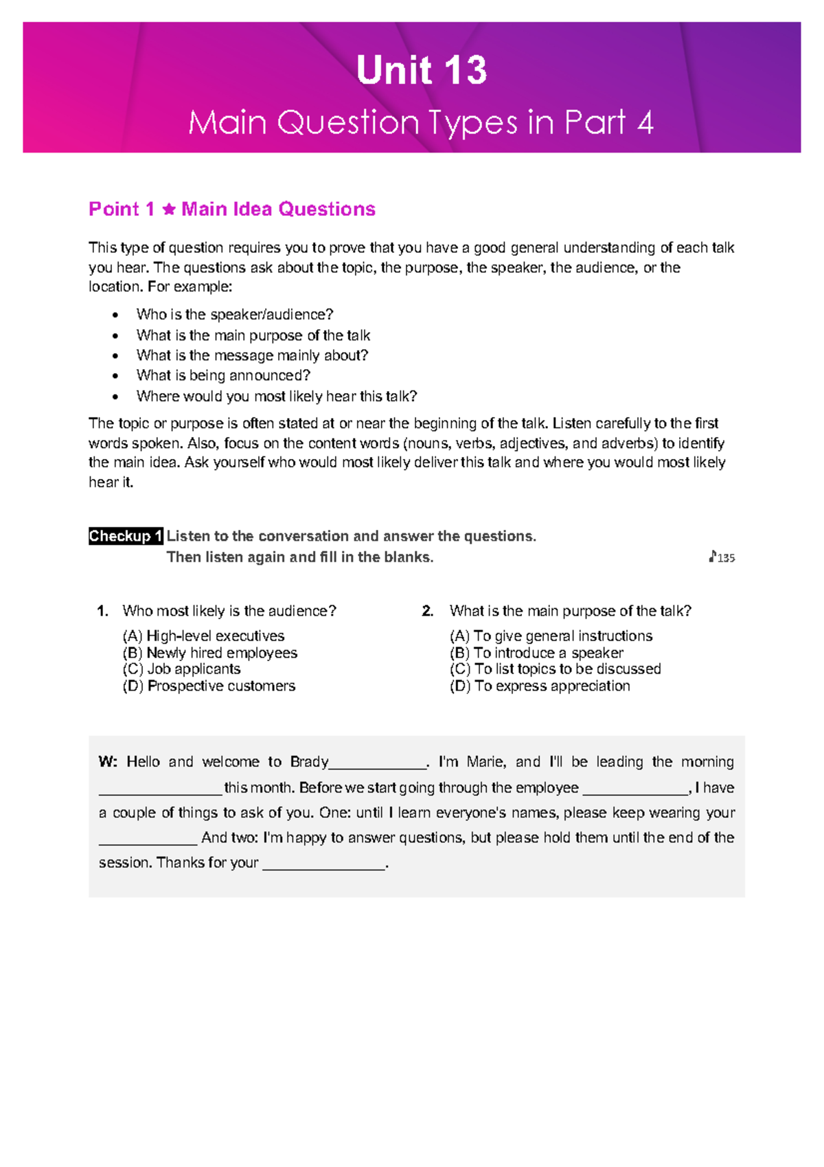 Listening Practice Materials - Unit 13: Main Question Types - Studocu