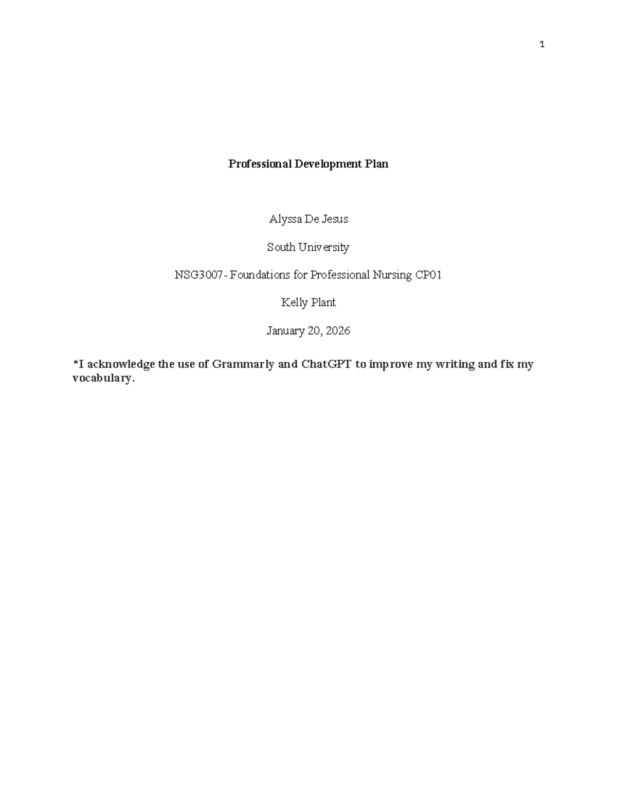 SU NSG3007 Professional Development Plan: Advancing Nursing Practice ...