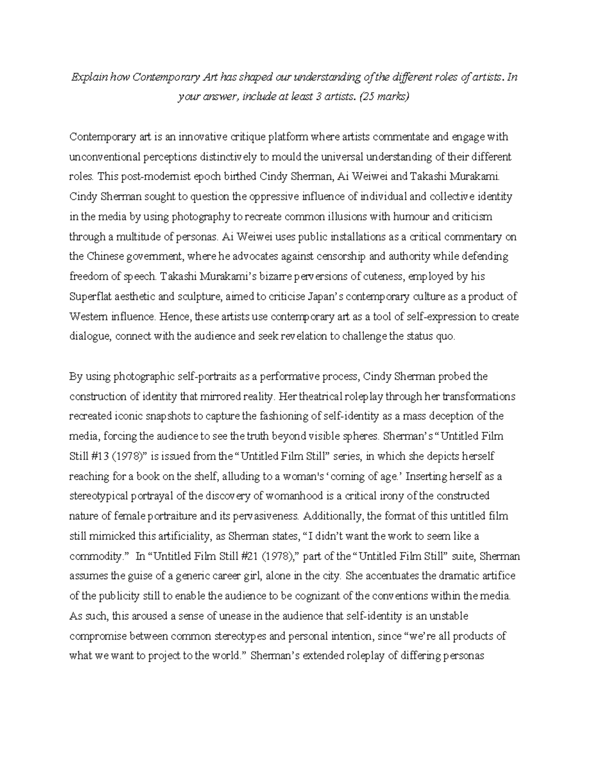Visual Art Essay: The Impact of Contemporary Art on Artists' Roles ...