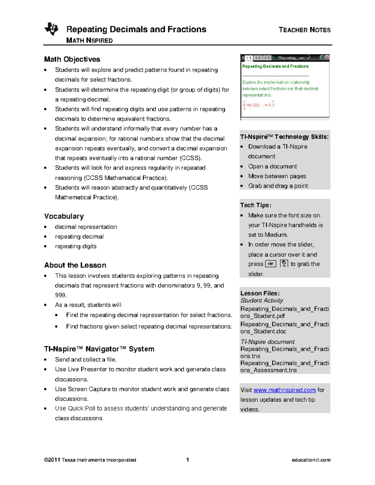 Repeating Decimals and Fractions Teacher Notes MATH NSPIRED - Studocu