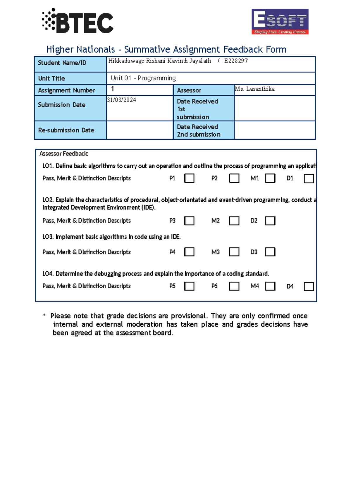 BTEC HN Unit 01 Programming Assignment Feedback - Hikkaduwage Rishani ...