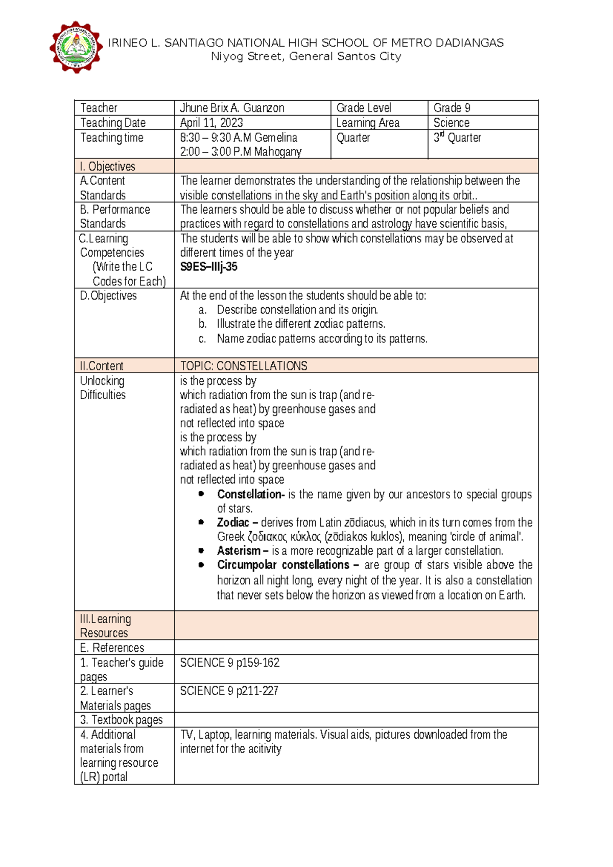LP Q3 Constellations - Science Lesson Plan for Grade 9 Students - Studocu