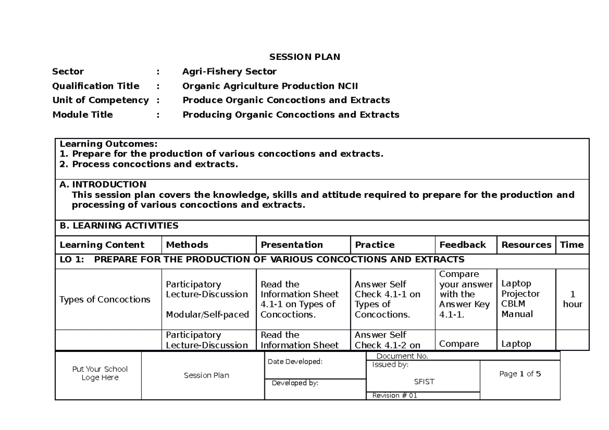 Session PLAN OAP NCII - guides for TM - SESSION PLAN Sector : Agri-Fishery Sector Qualification ...