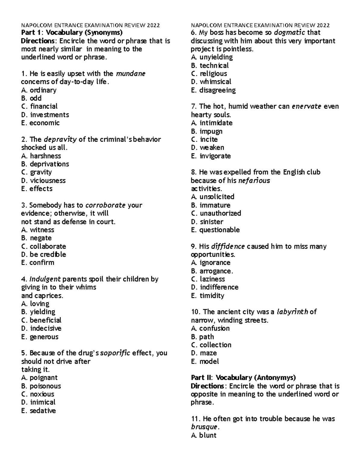 NAPOLCOM ENTRANCE EXAM REVIEW 2022: Vocabulary & Reading Comprehension ...