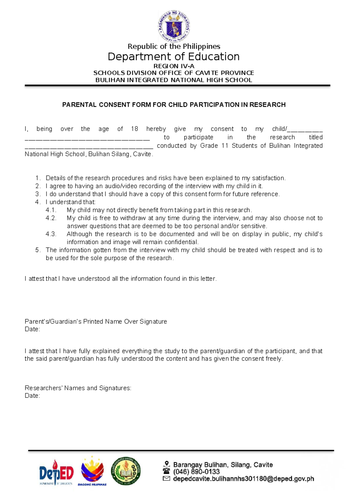 Parental Consent Form for Research Participation - Grade 11 Students ...
