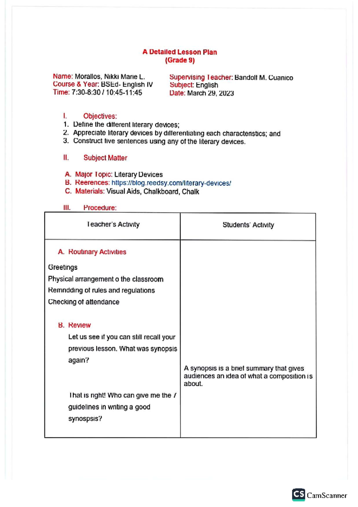 English IV CS 9 - Detailed Lesson Plan on Literary Devices - Studocu