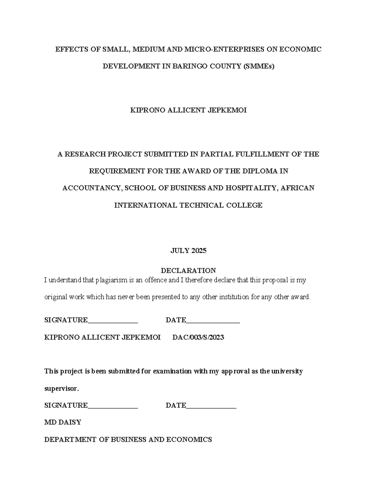 Effects of SMMEs on Economic Development in Baringo County: A Research ...