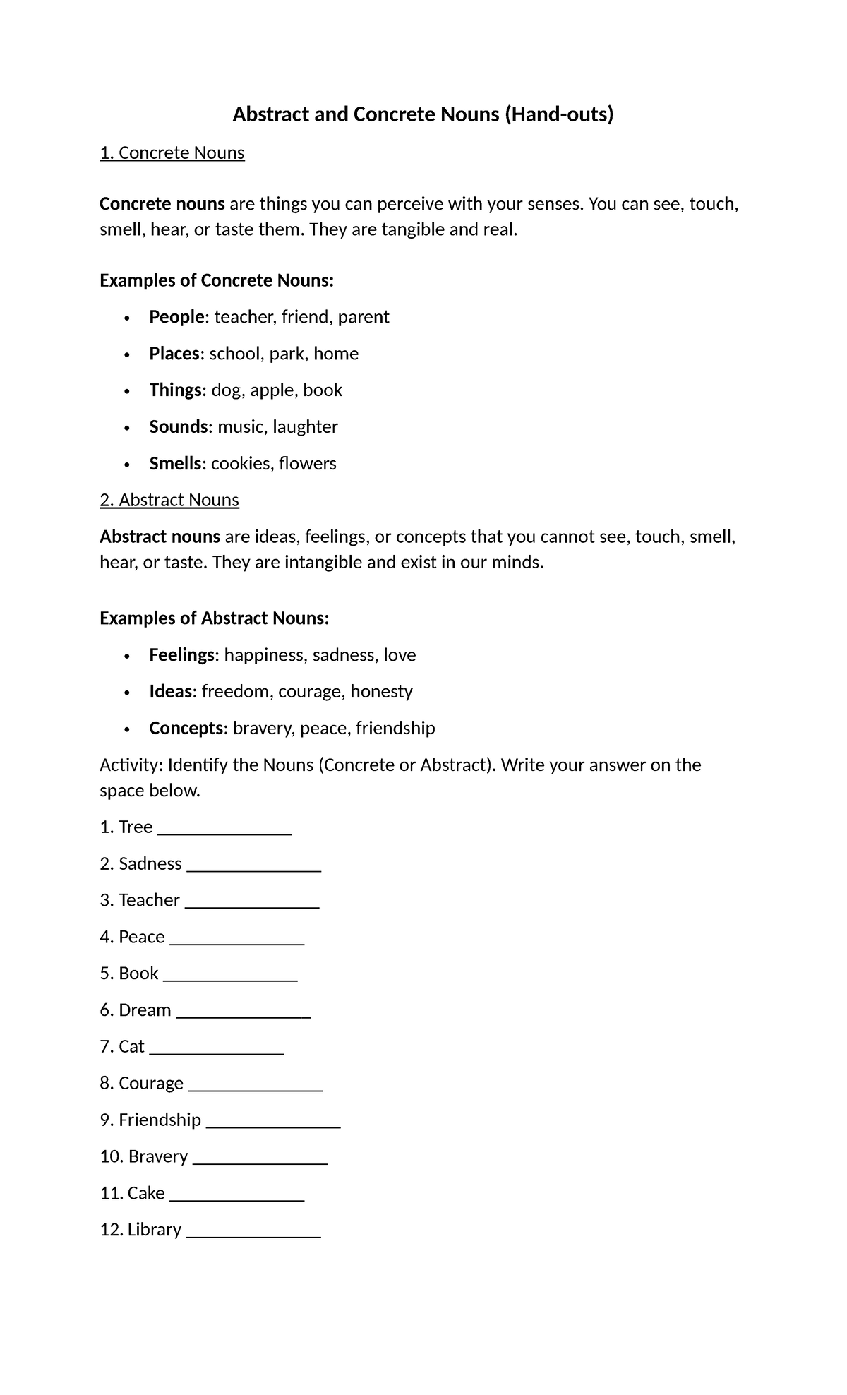 Nouns Handouts: Concrete, Abstract & Collective Nouns Overview - Studocu