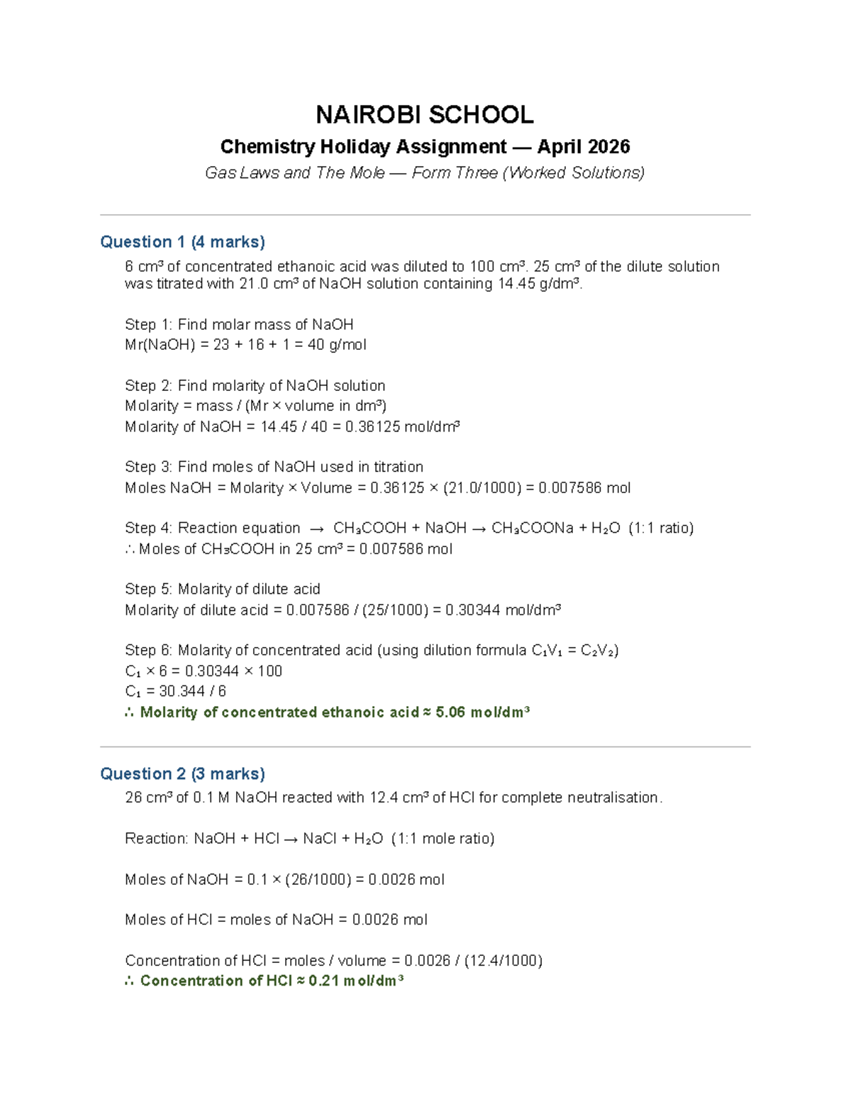 NAIROBI SCHOOL Chemistry Holiday Assignment April 2026: Gas Laws & The ...