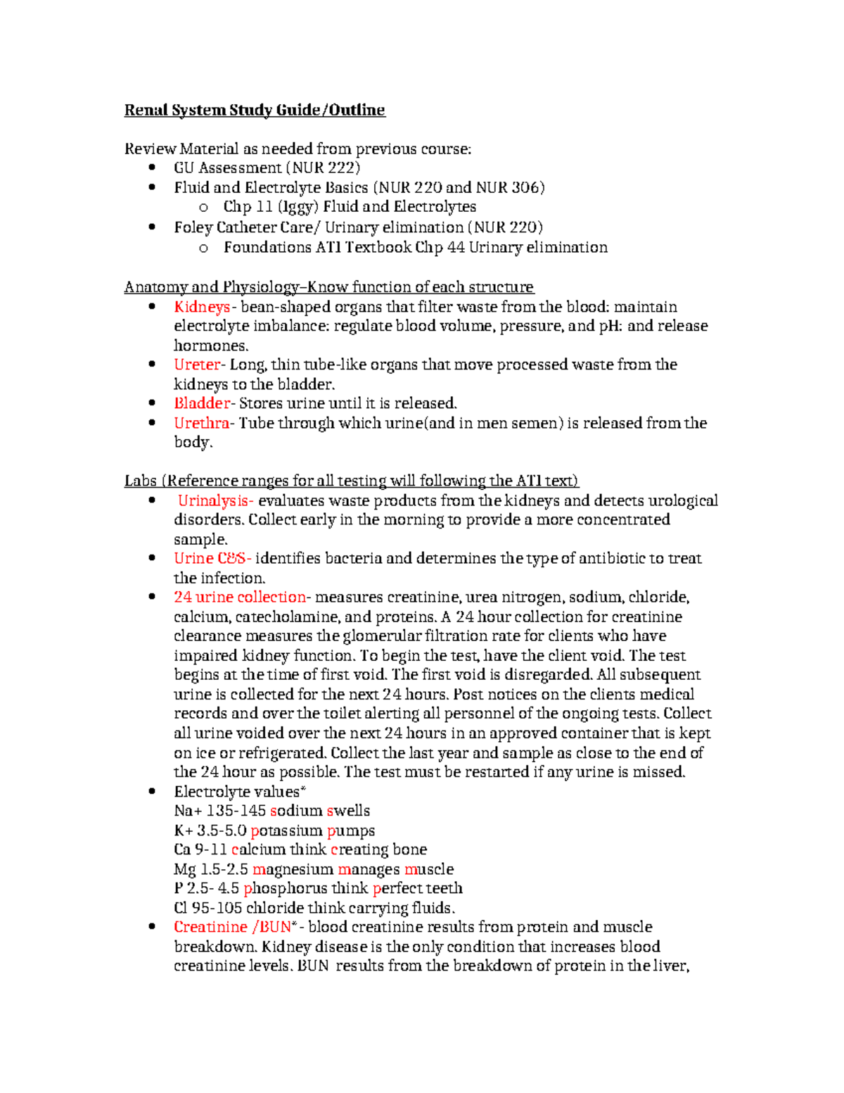 Renal System Exam Study Guide for NUR 222, NUR 220, NUR 306 - Studocu