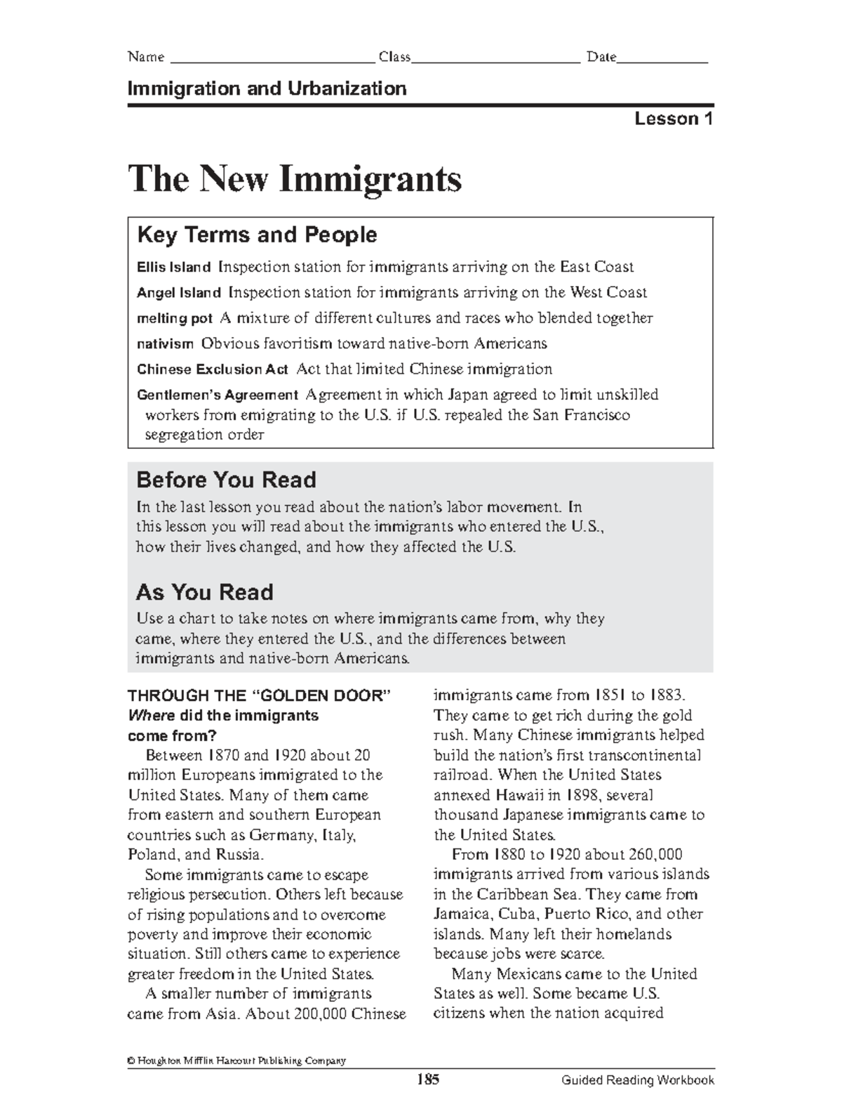 Immigration and Urbanization Lesson 1: The New Immigrants Overview ...