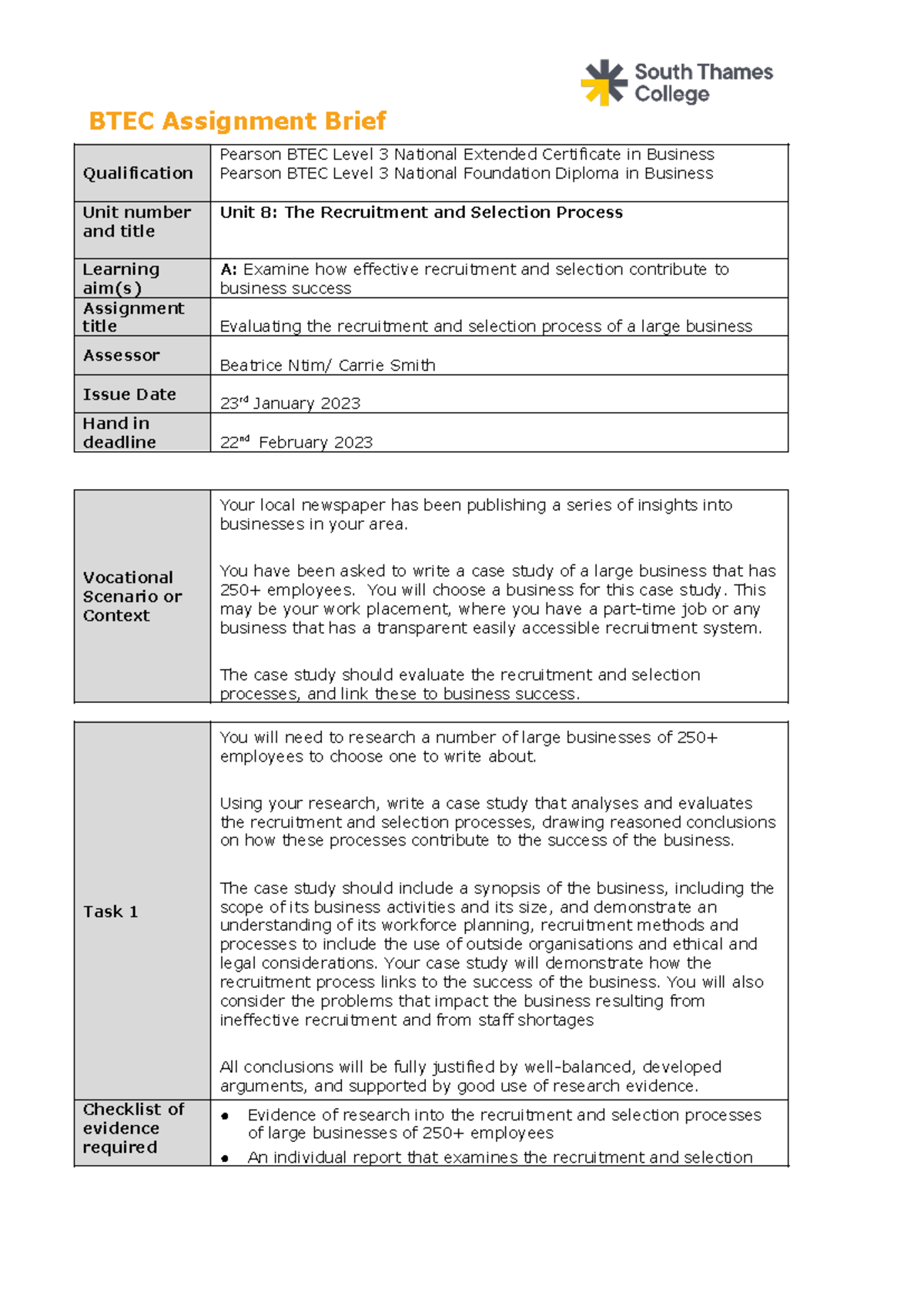 Unit 8 Recruitment and Selection Assignment 1 of 2 - BTEC Assignment ...