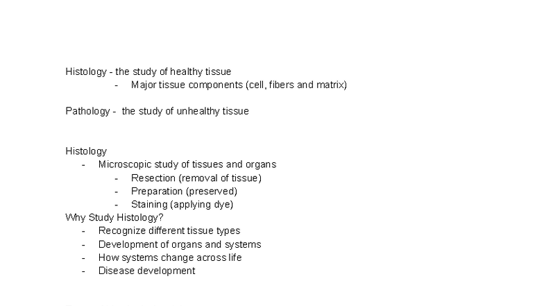 Histology (BIO 101) - Comprehensive Study Notes on Tissue Types - Studocu