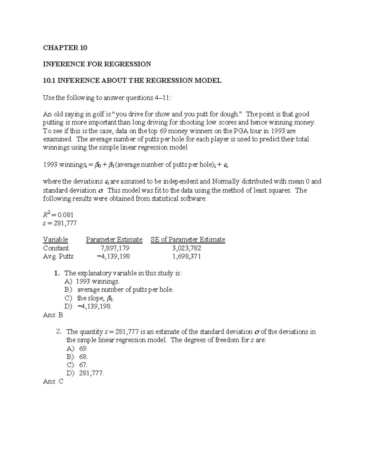 Practice Problems with Answers - Regression Inference (Chapter 10) - Studocu