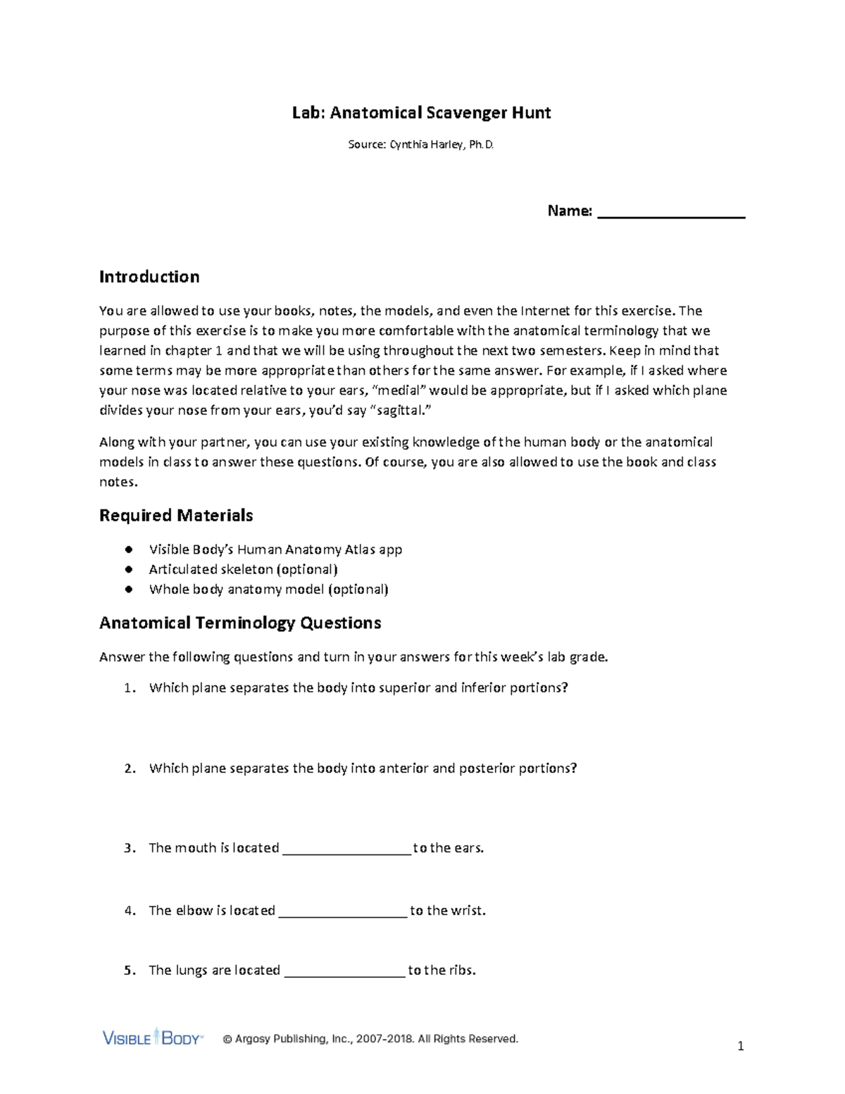 Anatomical Scavenger Hunt Lab Exercise for Human Anatomy (ANAT 101 ...