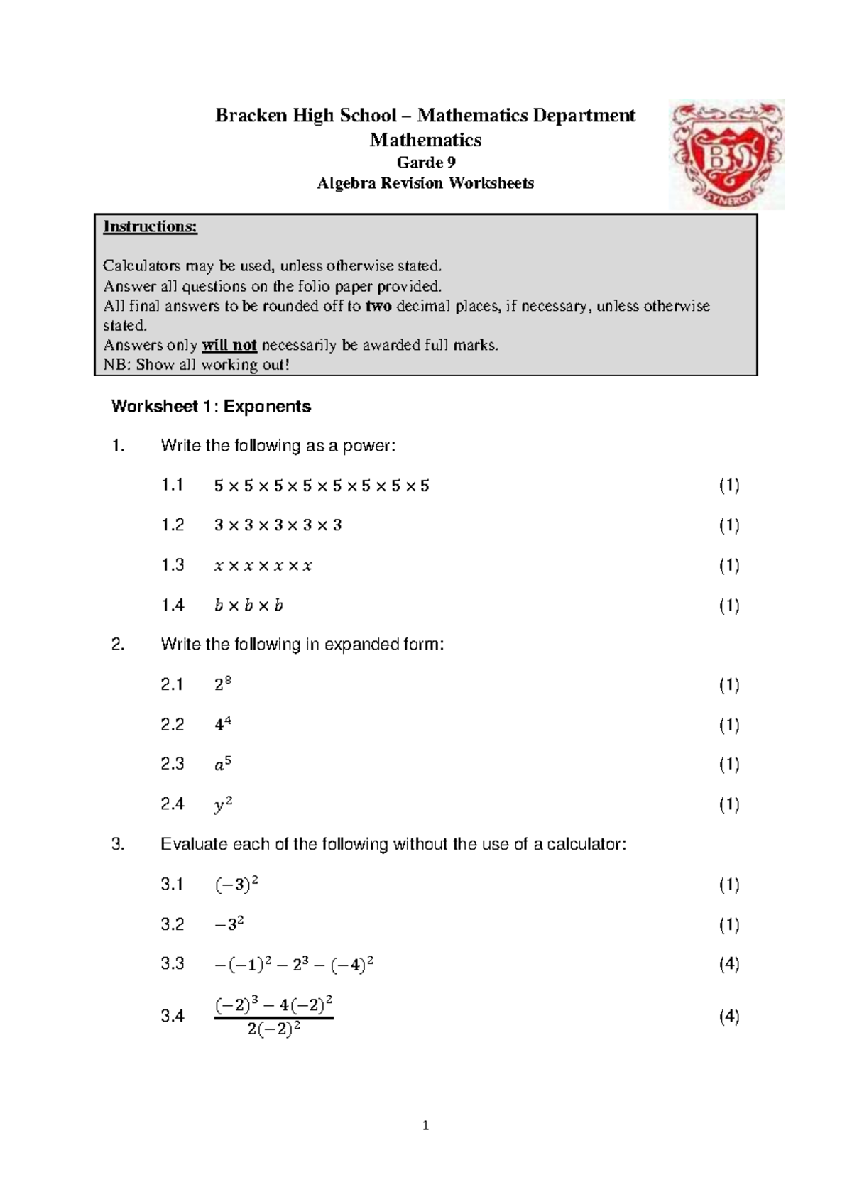 Grd 9 Math Algebra Revision Worksheets - Studocu