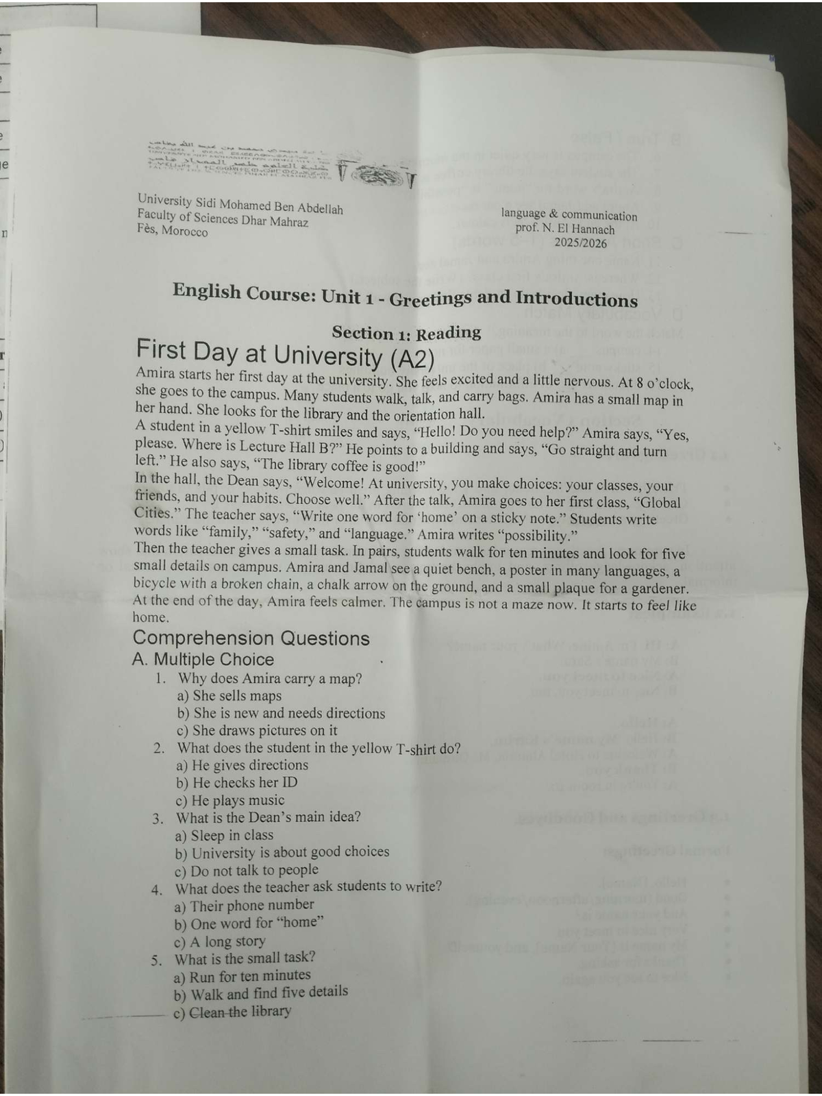 ENG 101: Unit on Greetings and Introductions - First Day at University ...