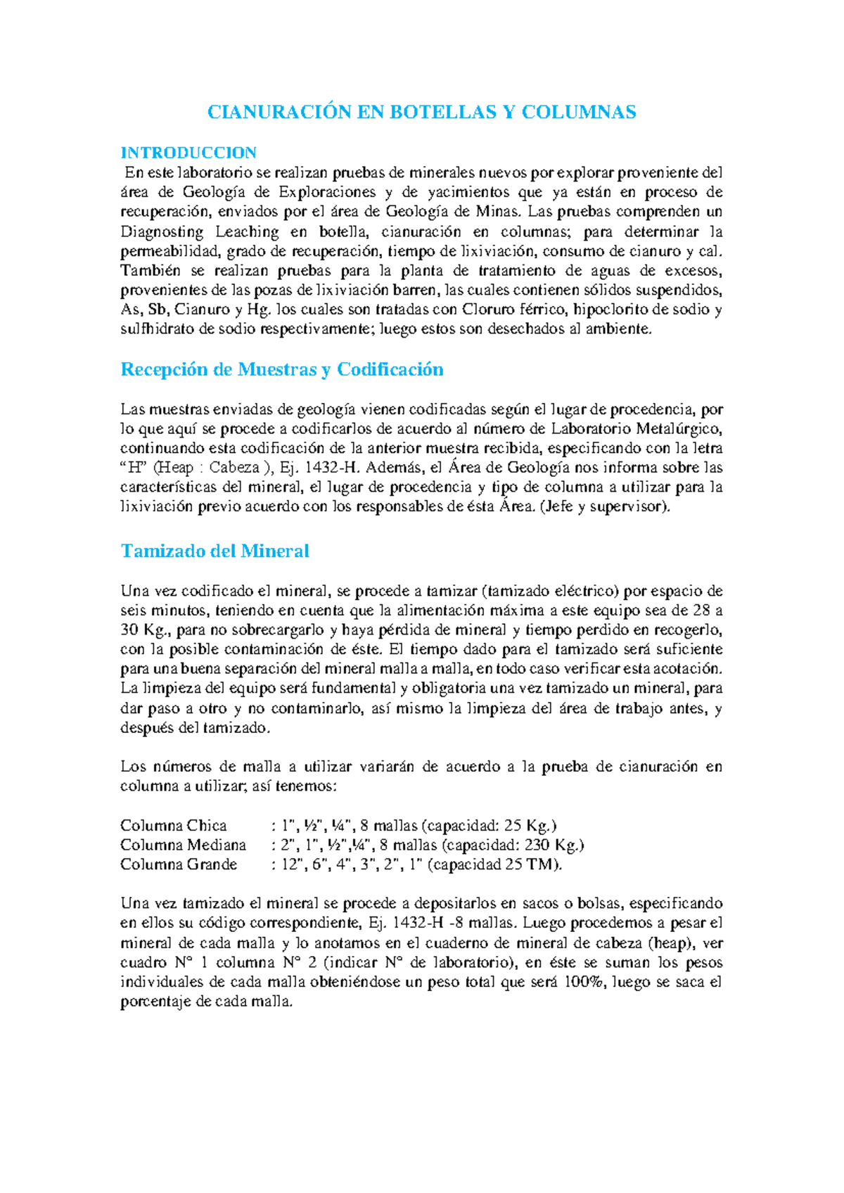 Cianuración en Botellas y Columnas: Procedimientos y Resultados - Studocu