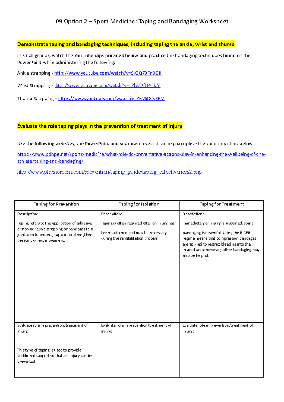 Sports Med - Taping and Bandaging Techniques Worksheet - Studocu