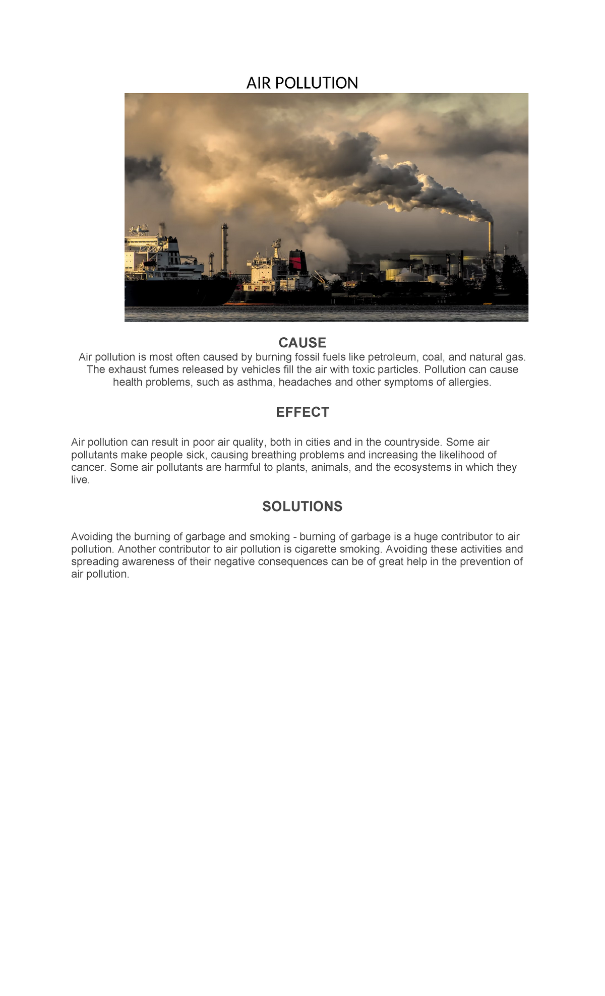 Global Warming - good handout - AIR POLLUTION CAUSE Air pollution is ...