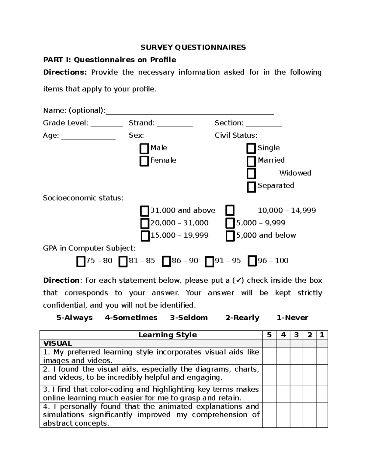 Survey Questionnaires Part I: Profile & Learning Styles Analysis - Studocu