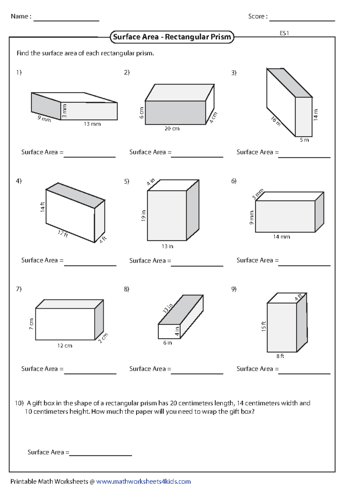ES1 Surface Area Rectangular Prism: Comprehensive Worksheet Collection ...