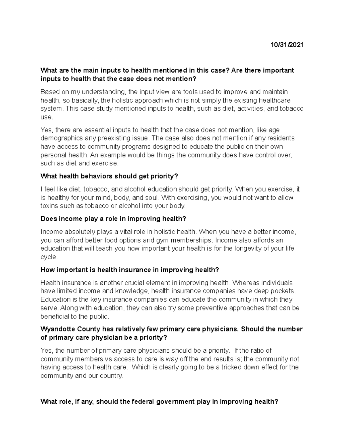 Health Inputs and Behaviors: A Case Study Reflection (Module 1 Journal ...