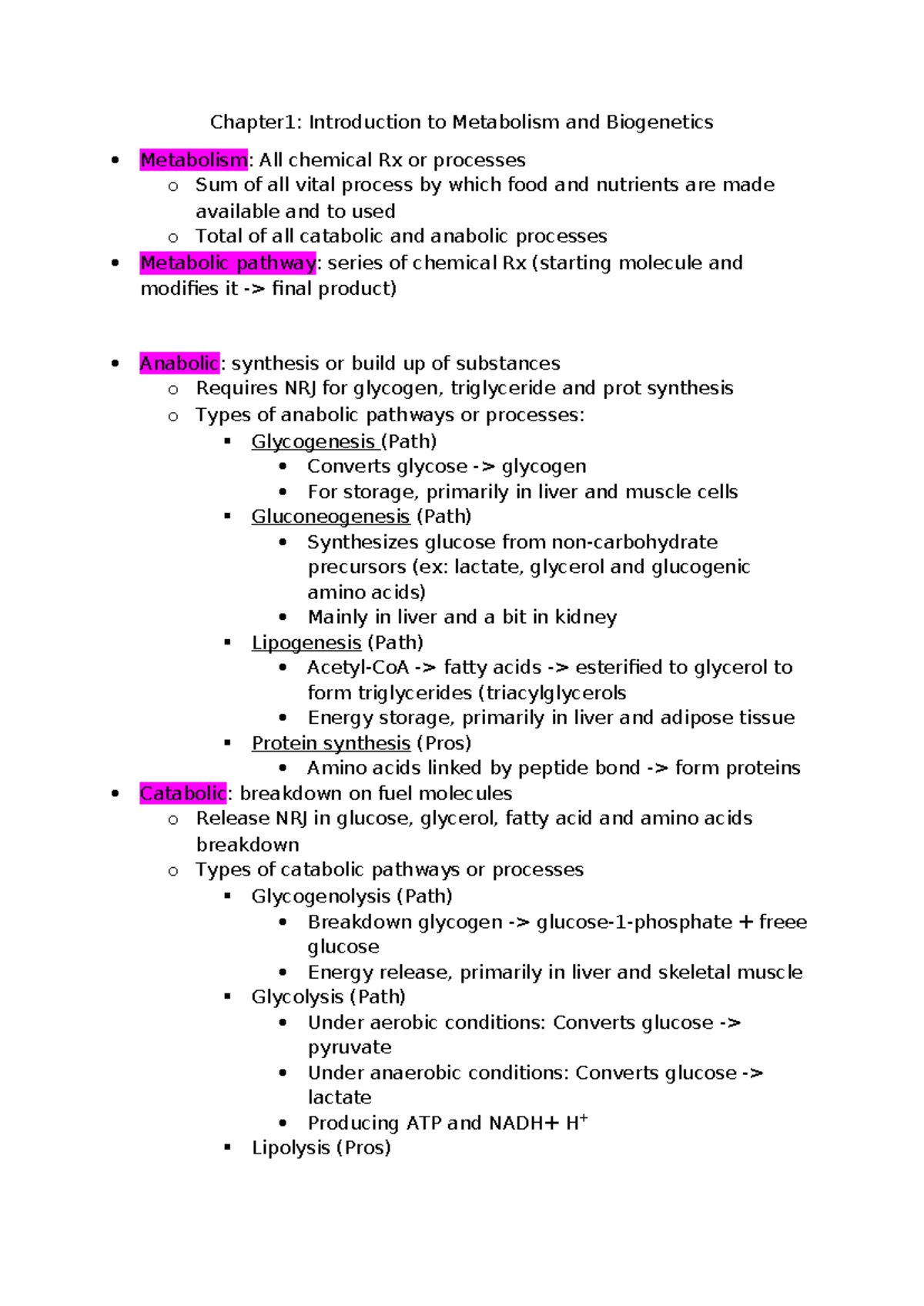 Chapter 1: Intro to Metabolism & Biogenetics - Lecture 2 Summary - Studocu