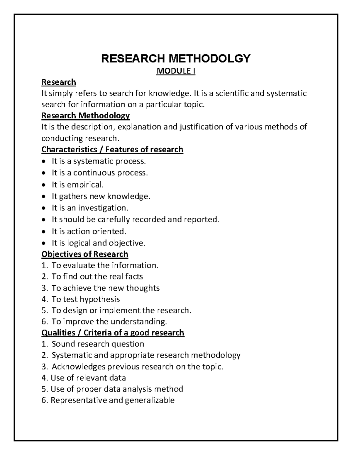 Research Methodology Bcom 6th sem - RESEARCH METHODOLGY MODULE I Research It simply refers to ...