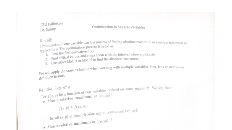 CSU Fullerton Optimization in Several Variables - Study Notes - Studocu