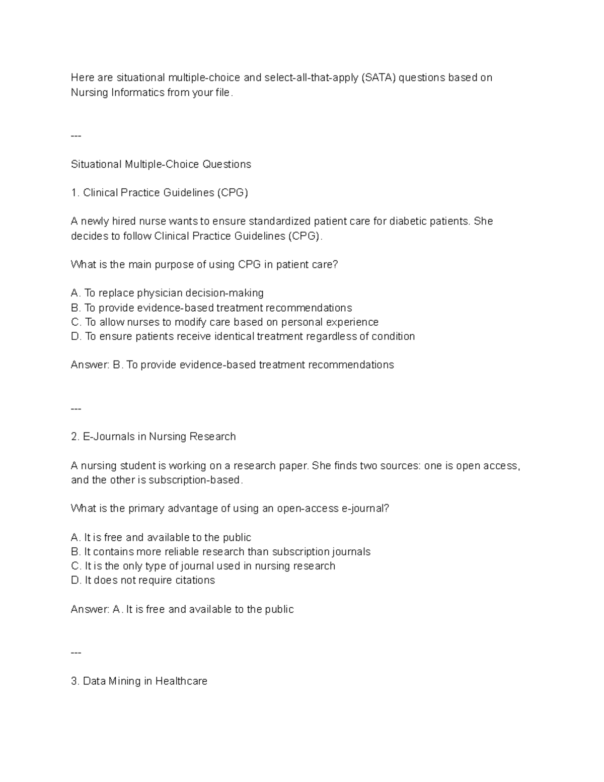 Nursing Informatics Quiz - Situational MCQs & SATA Questions (NUR 674 ...