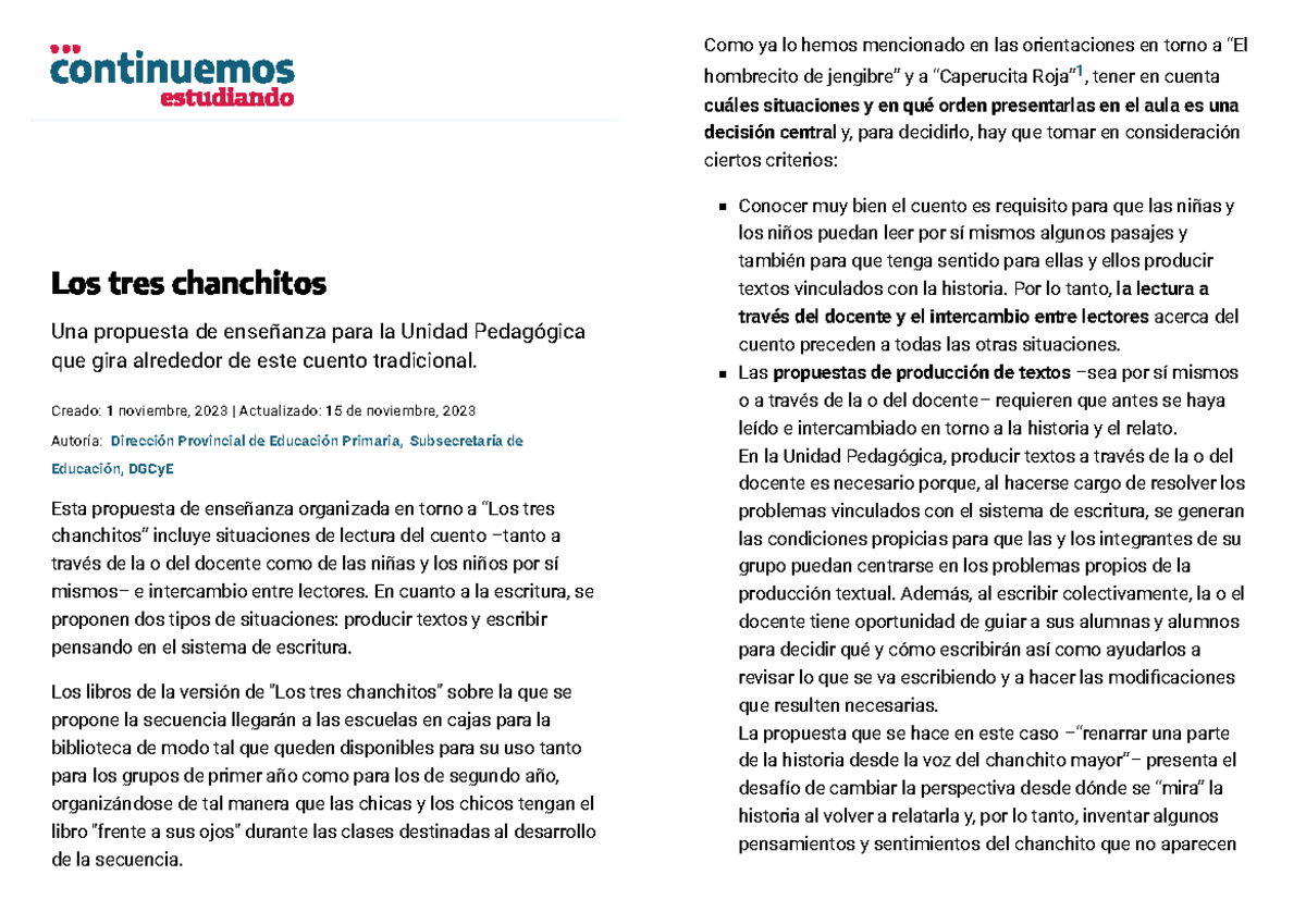 Propuesta de Enseñanza: Los Tres Chanchitos - Unidad Pedagógica (2023 ...
