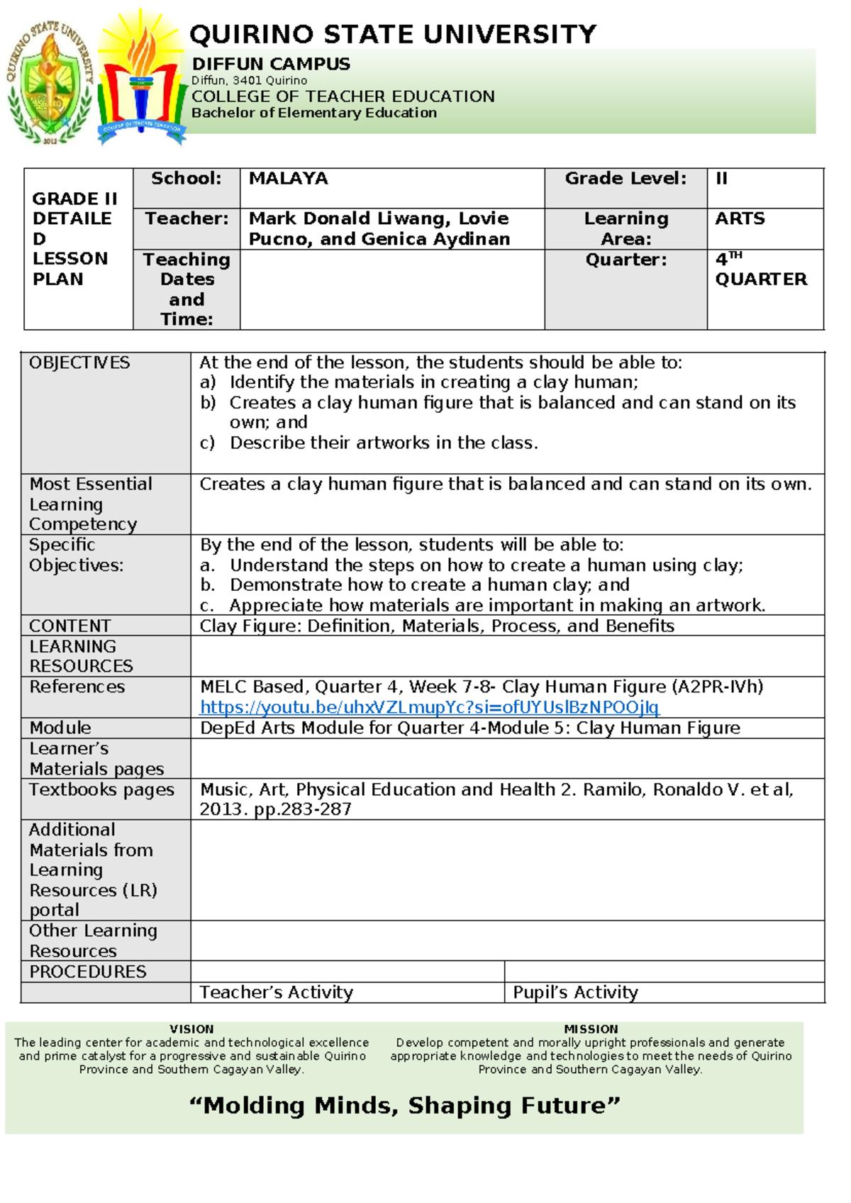 Grade II Detailed Lesson Plan: Clay Human Figure Creation (EDUC 101 ...