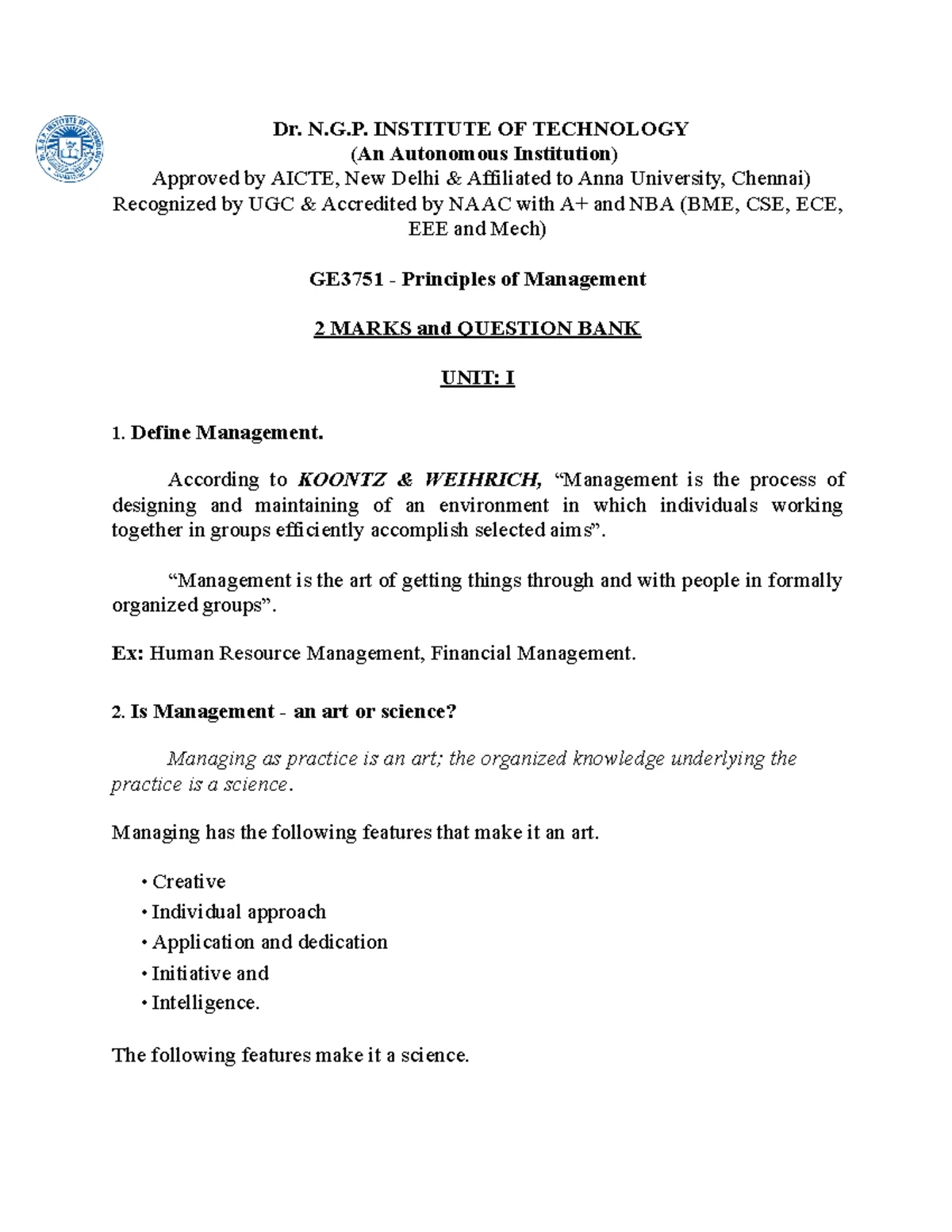 GE3751 Principles of Management: Comprehensive Study Notes - Studocu