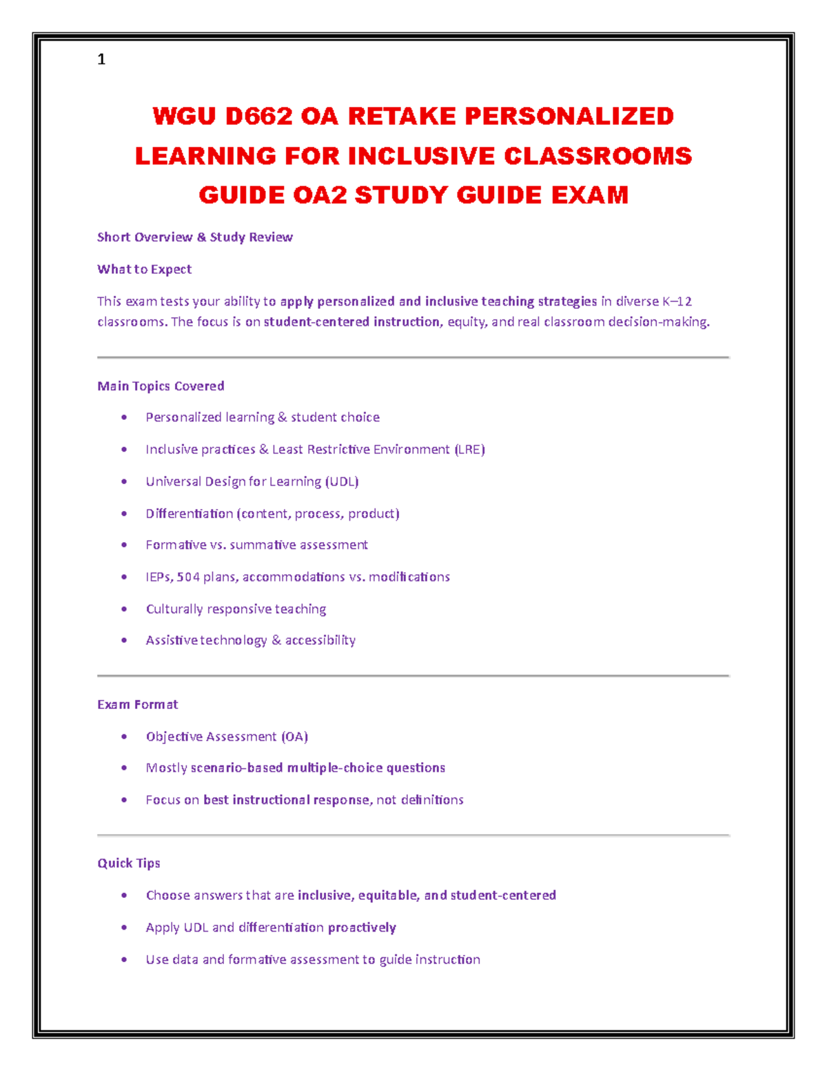 WGU D662 OA2 Retake Study Guide: Personalized Learning in Inclusive ...
