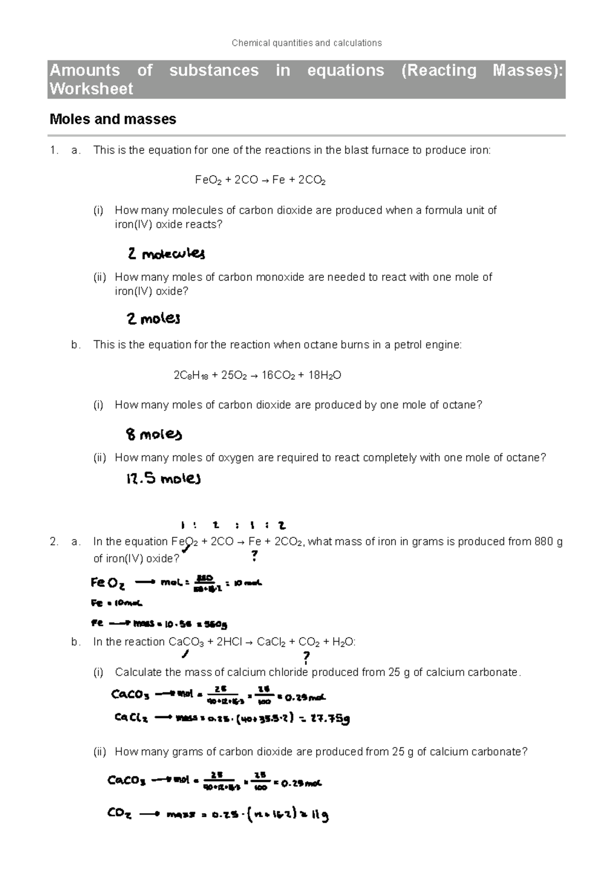 4.2 Reacting Masses Worksheet: Chemical Quantities & Calculations - Studocu