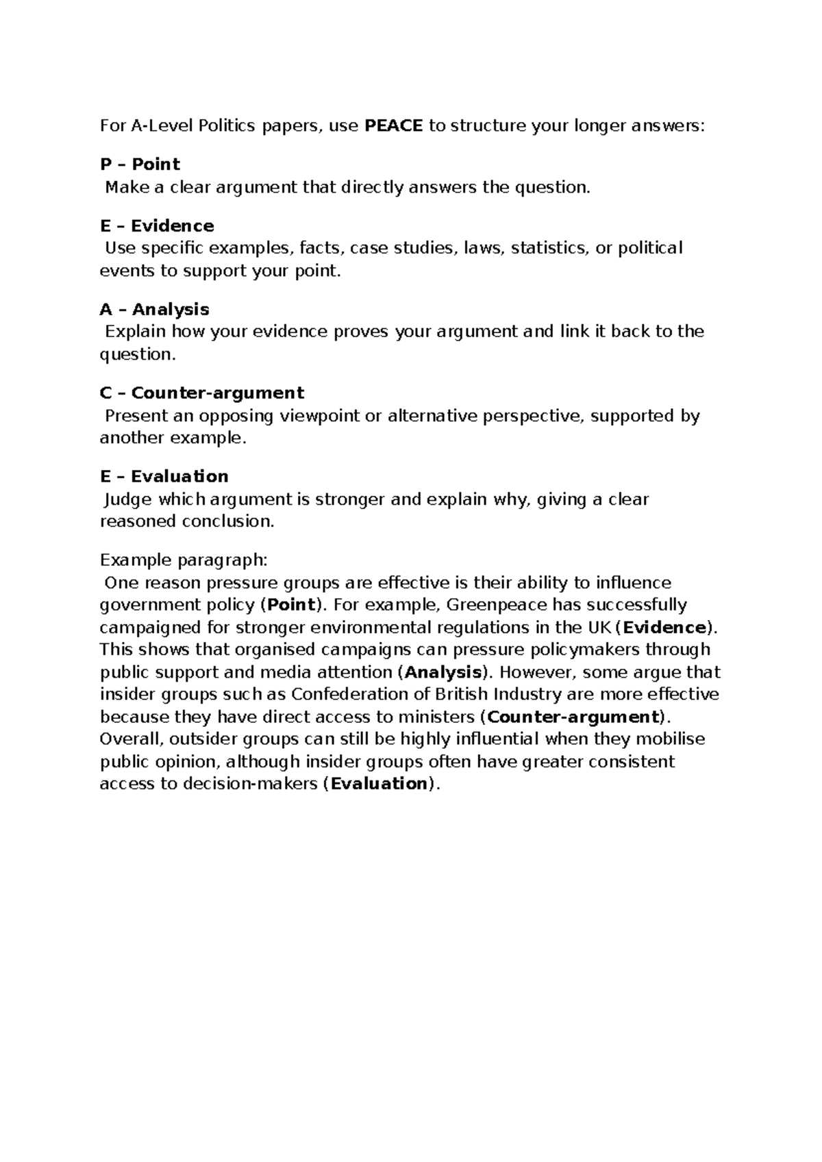 Politics Structure Guide: Using PEACE for Longer Answers - Studocu