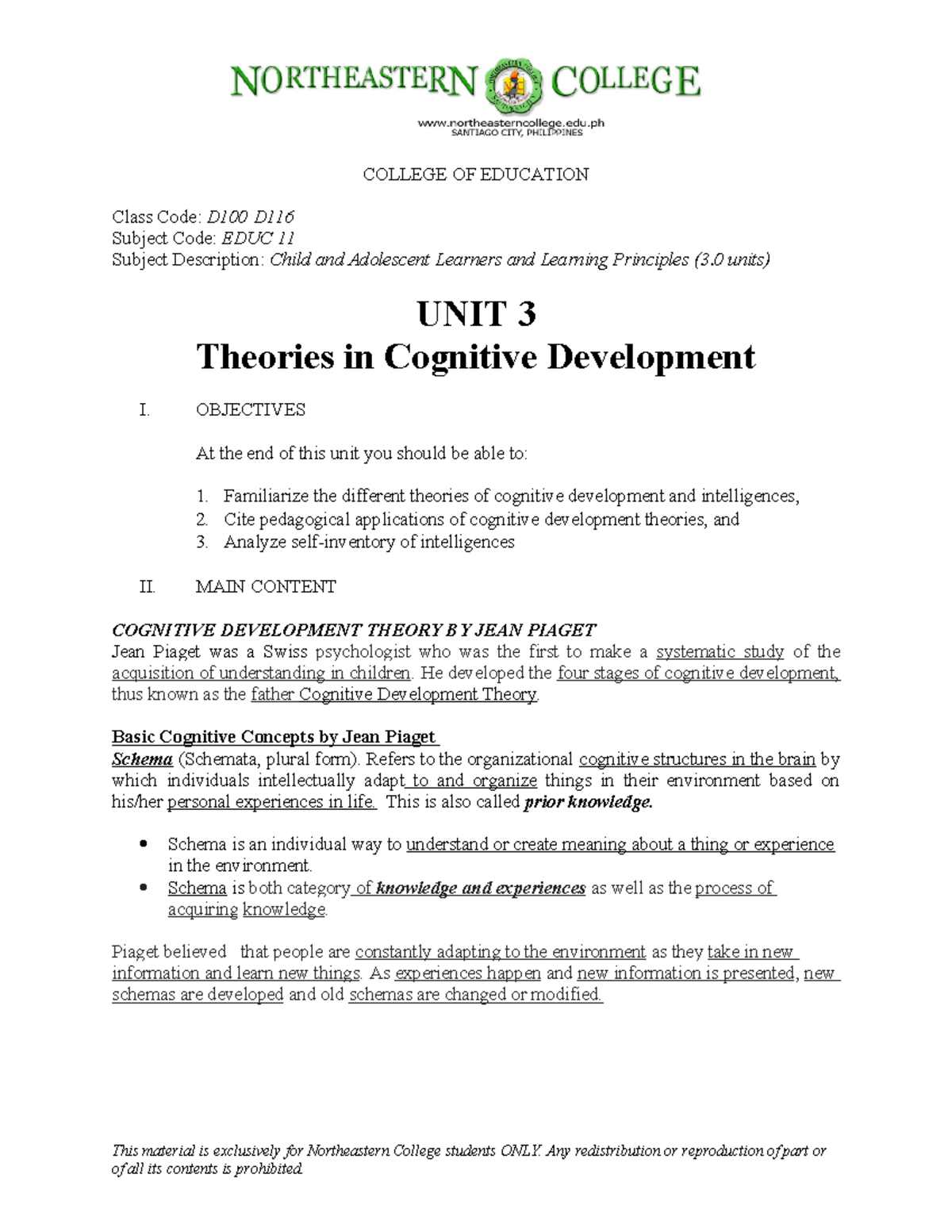 Cognitive Development Theories in EDUC 11 - Unit 3 Overview - Studocu