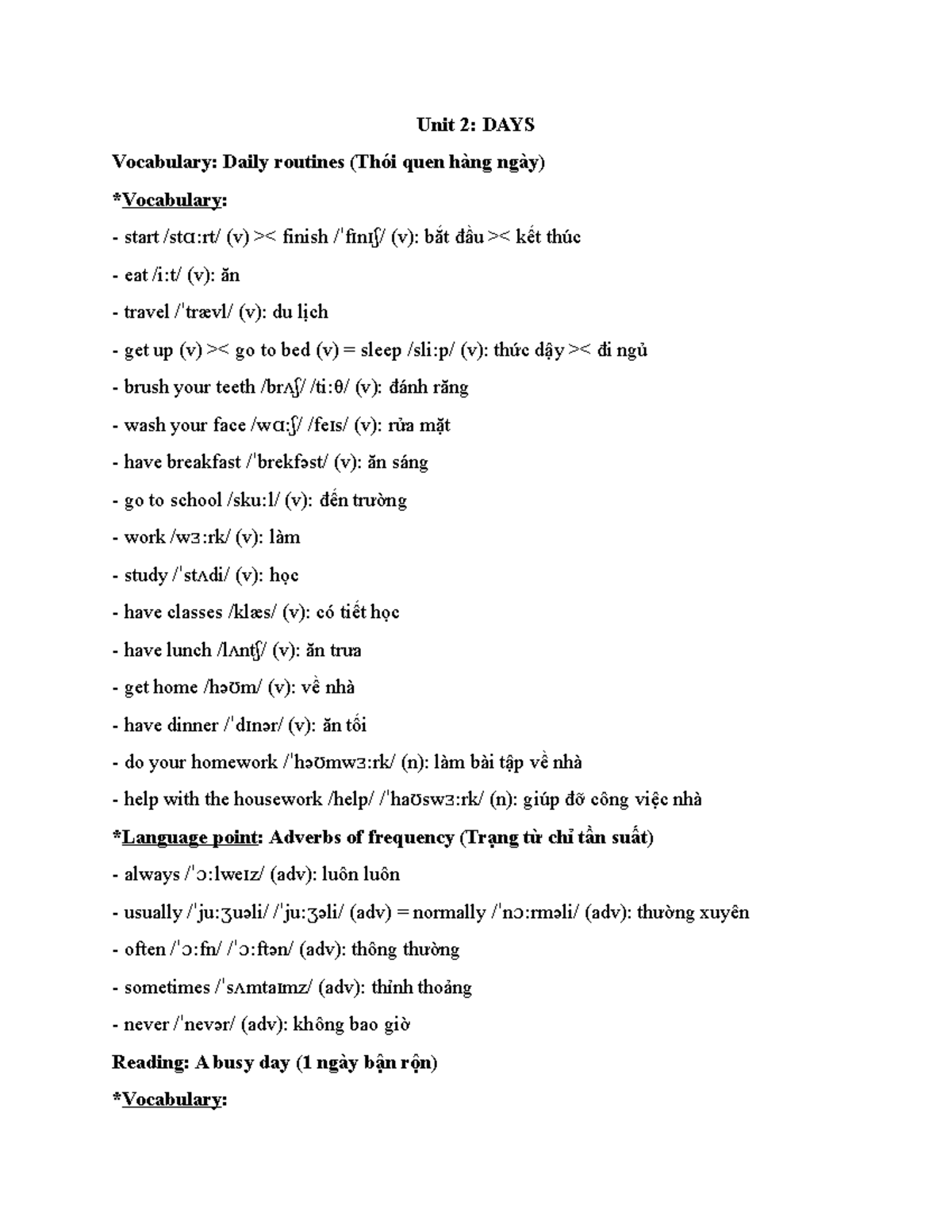 Unit 2 Days - Nothing is special - *Unit 2: DAYS Vocabulary: Daily ...