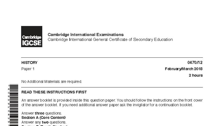 HISTORY 0470/12 Cambridge IGCSE 2018 Paper 1 Exam Questions - Studocu