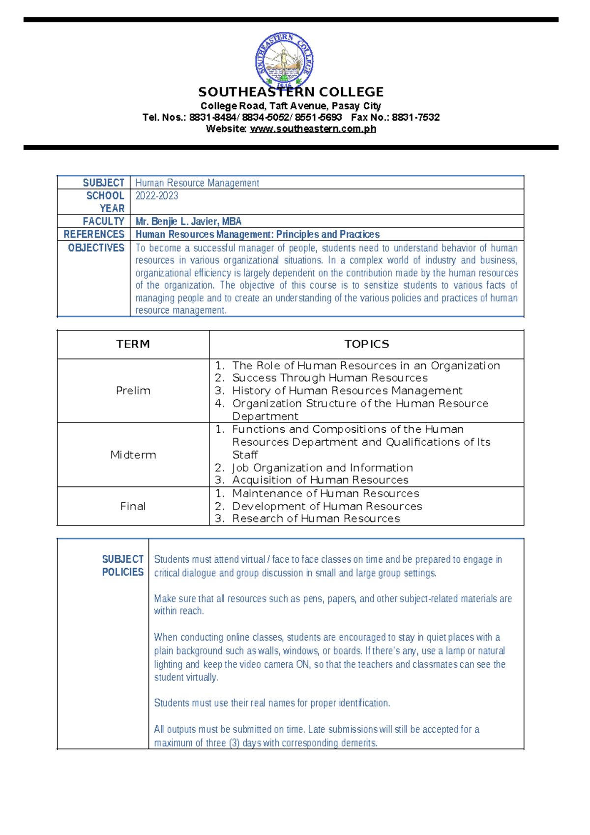 HRM 2022- Syllabus Overview & Course Outline for Human Resources ...