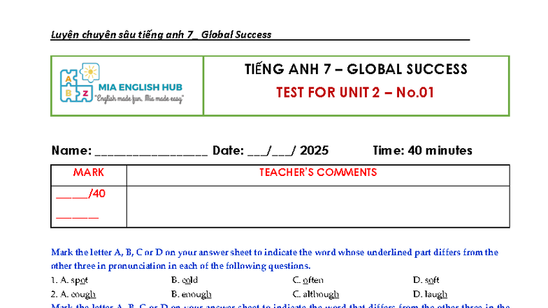 E7_GS_UNIT 2_TEST 1: Comprehensive English Assessment - Studocu