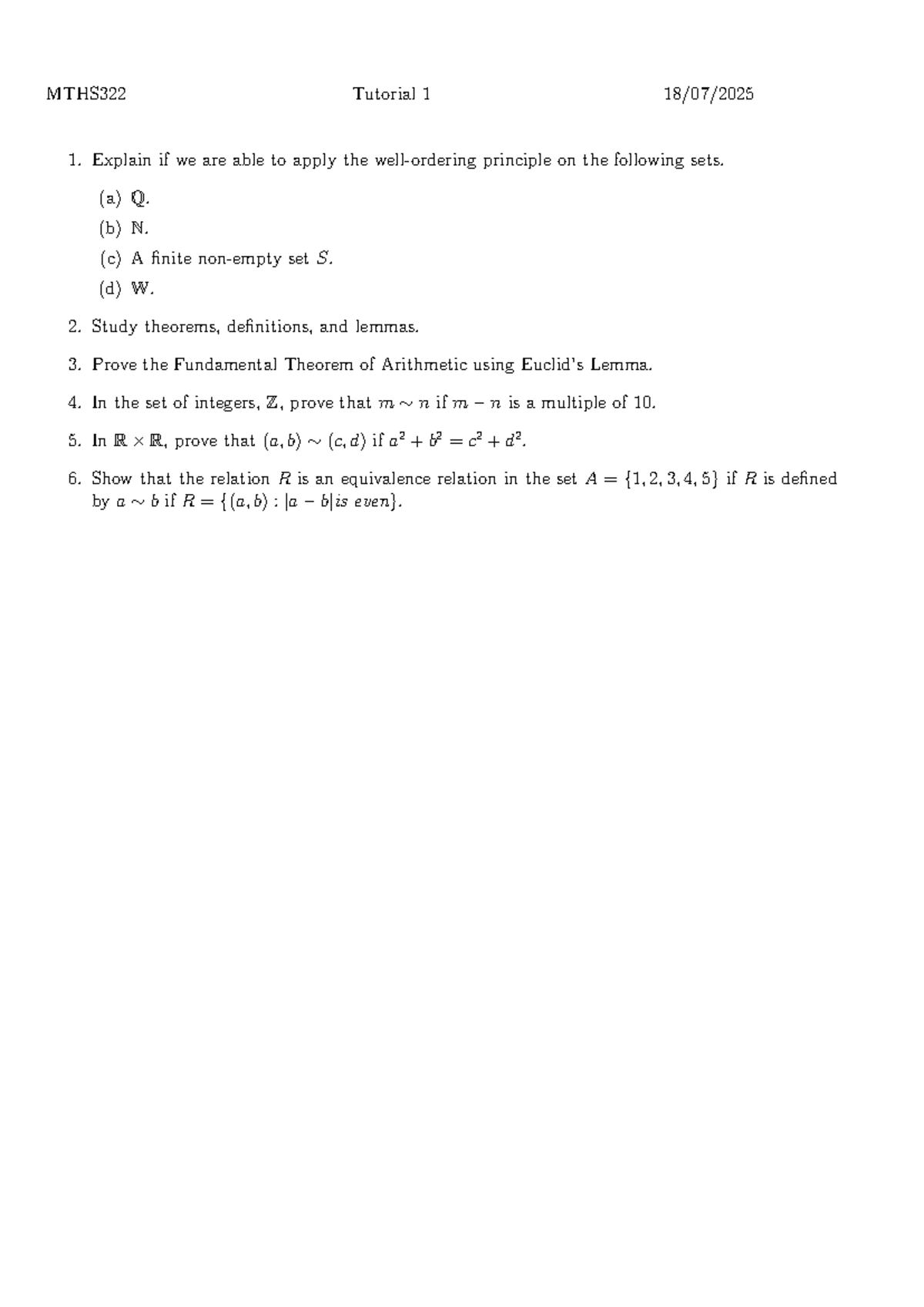 MTHS322 Tutorial 1: Principles, Theorems, and Proofs in Sets - Studocu
