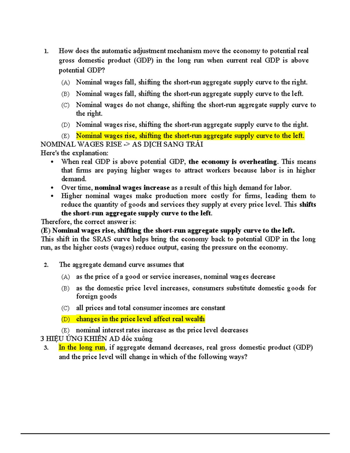 AD/AS Model Quiz: Understanding Economic Equilibrium and Shifts - Studocu