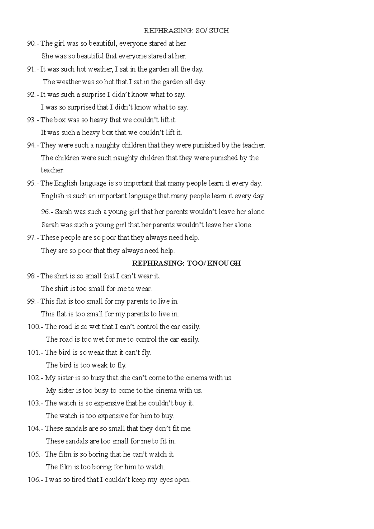 Rephrasing Exercise: So/Such & Too/Enough Examples for English 1-3 ...