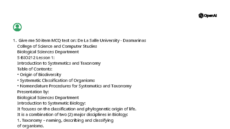 50-Item MCQ Test on Systematics and Taxonomy (BS 101) - Studocu