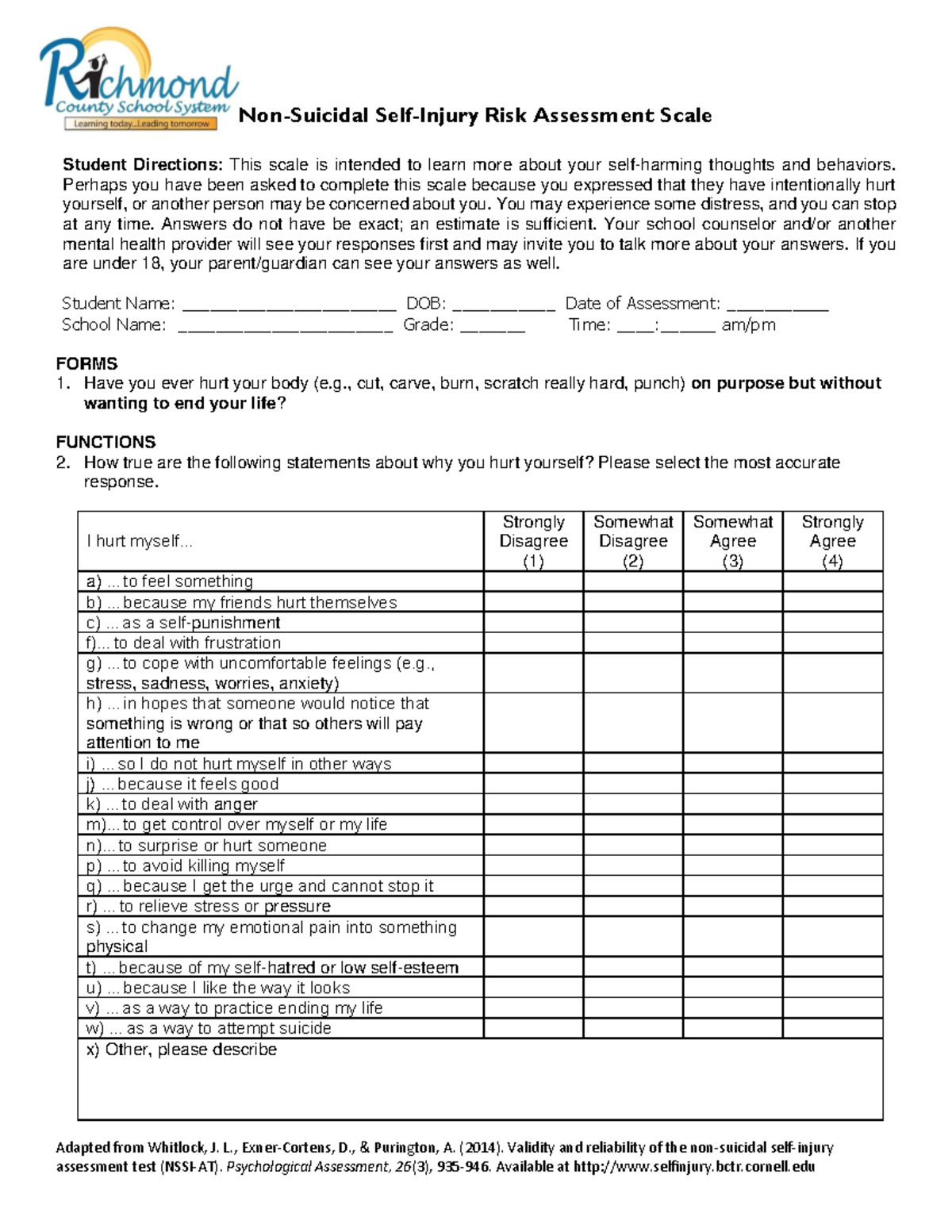 NSSI Risk Assessment Scale: Student Directions and Guidance - Studocu