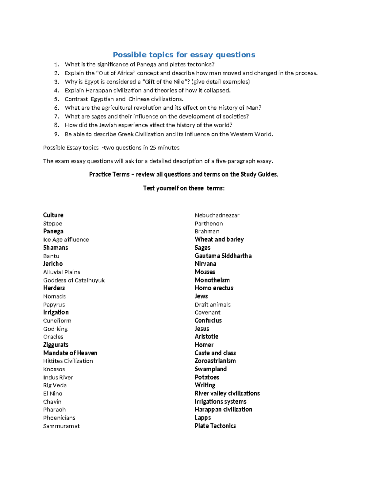 Unit 1 Essay Topics & Key Terms Review for History Class - Studocu